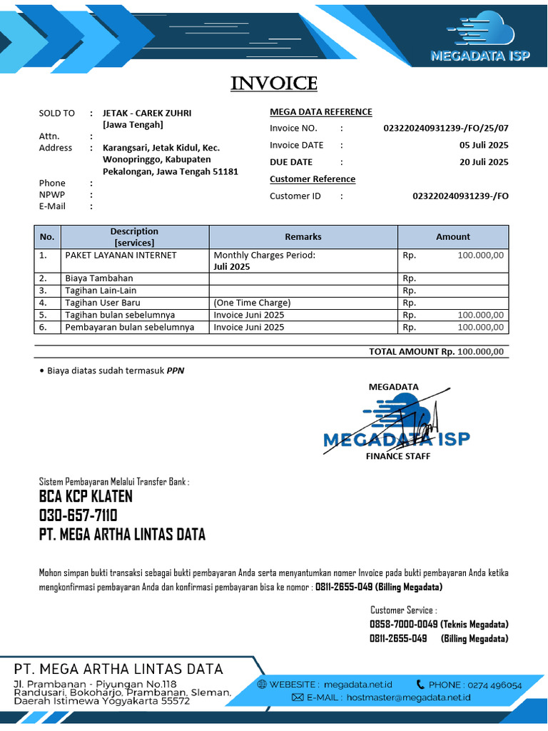 Invoice Layanan Internet Carek | PDF