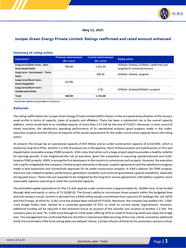 Juniper Green Energy Rating Update | PDF | Debt | Money