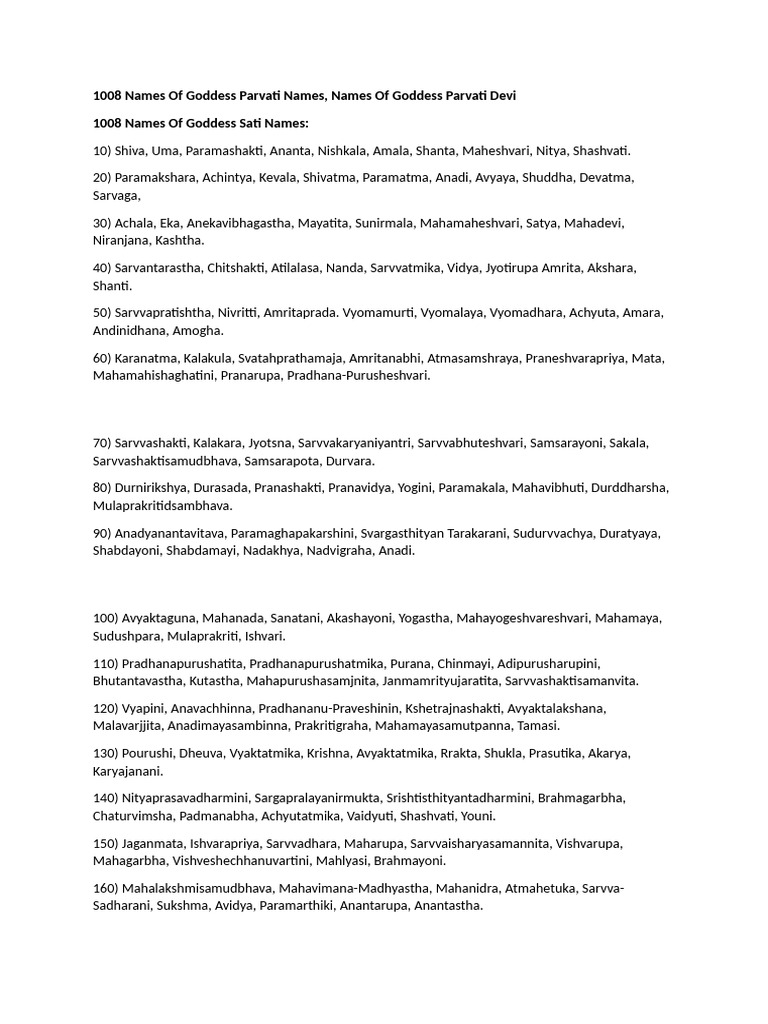 1008 Names of Goddess Parvati Names - CSV | PDF | Devi | Hindu Gods