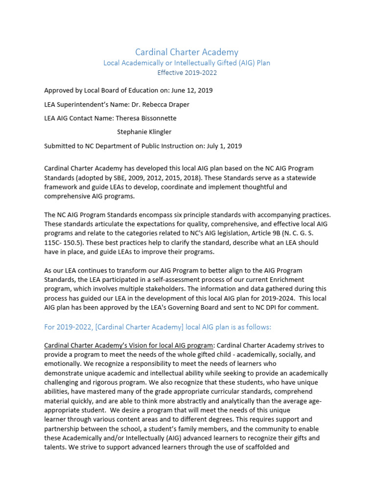 Cardinal Charter Academy AIG Plan 2019-2022 | PDF | Gifted Education ...