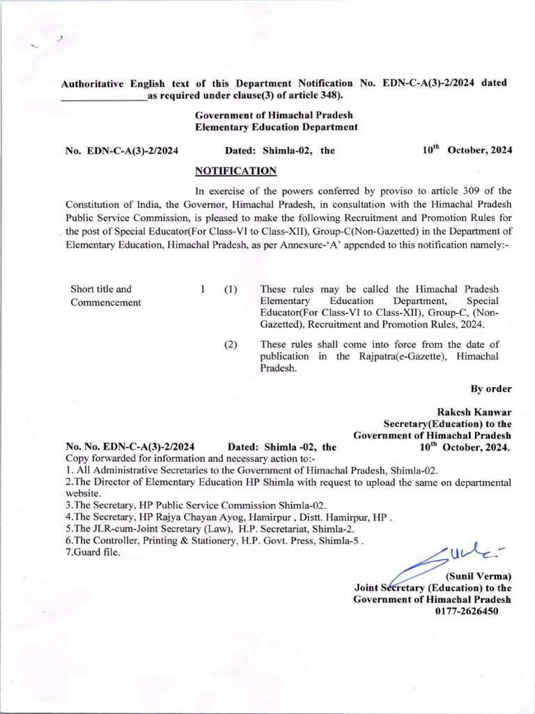 HP Special Educator Recruitment Rules 2024 | PDF