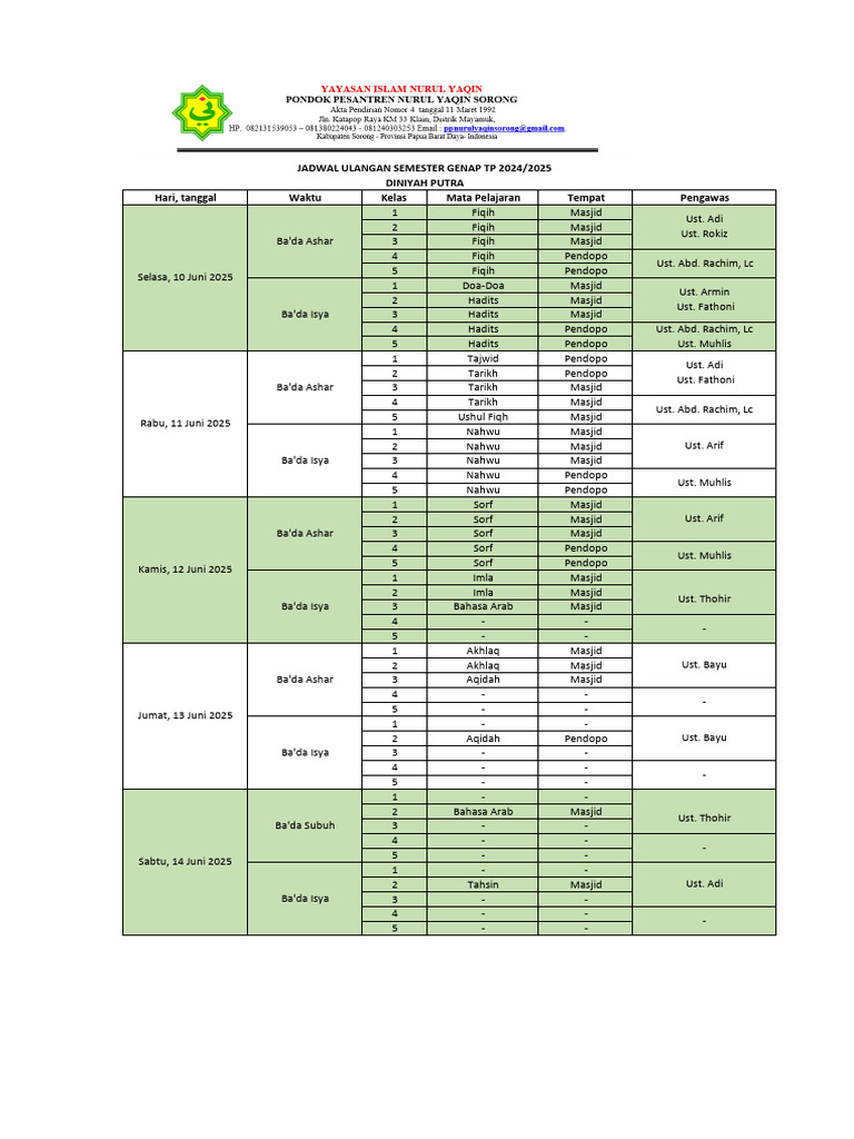 Jadwal Uas Diniyah Genap 2024-2025 | PDF