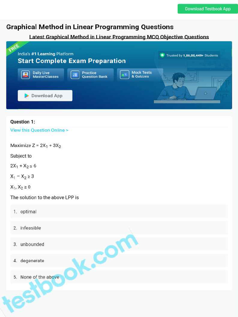 MCQ On Graphical Method in Linear Programming 5eea6a0e39140f30f369e4ec | PDF