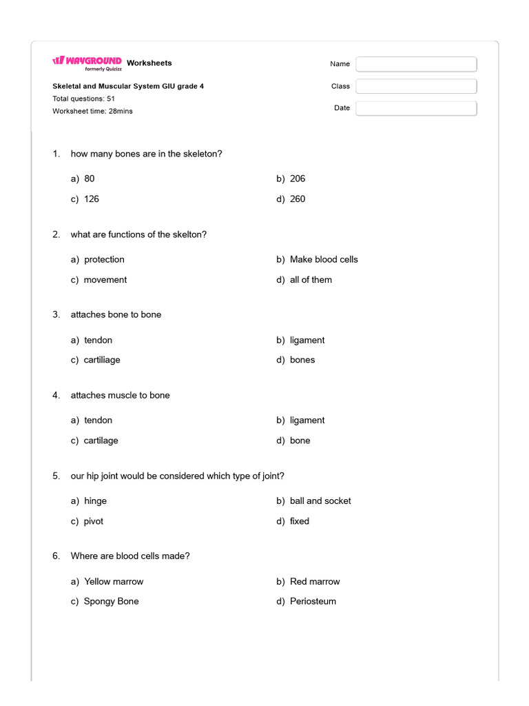 Skeletal and Muscular System GIU Grade 4 - With Ans Key | PDF | Muscle ...