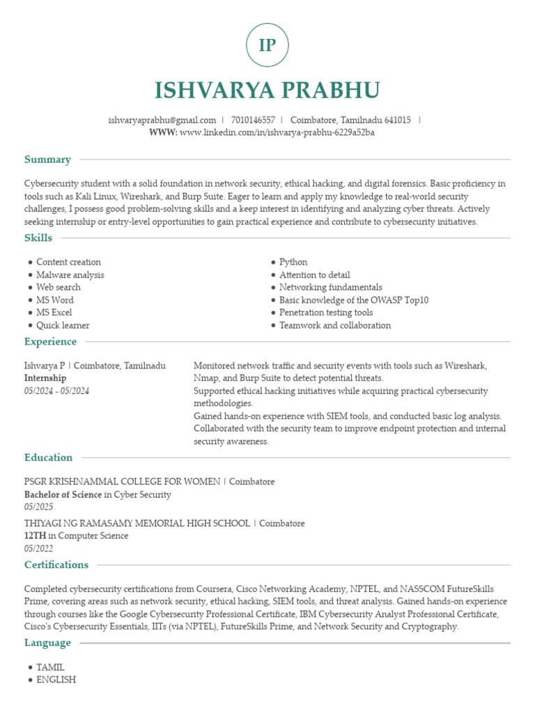 Ishvaryaprabhu Resume - Ishvarya Prabhu | PDF | Security | Computer Security