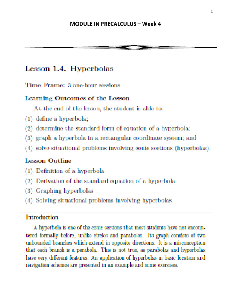 PreCalculus Module - Week 4 (Hyperbola) | PDF