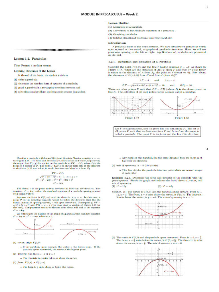 PreCalculus Module - Week 2 (Parabola) | PDF