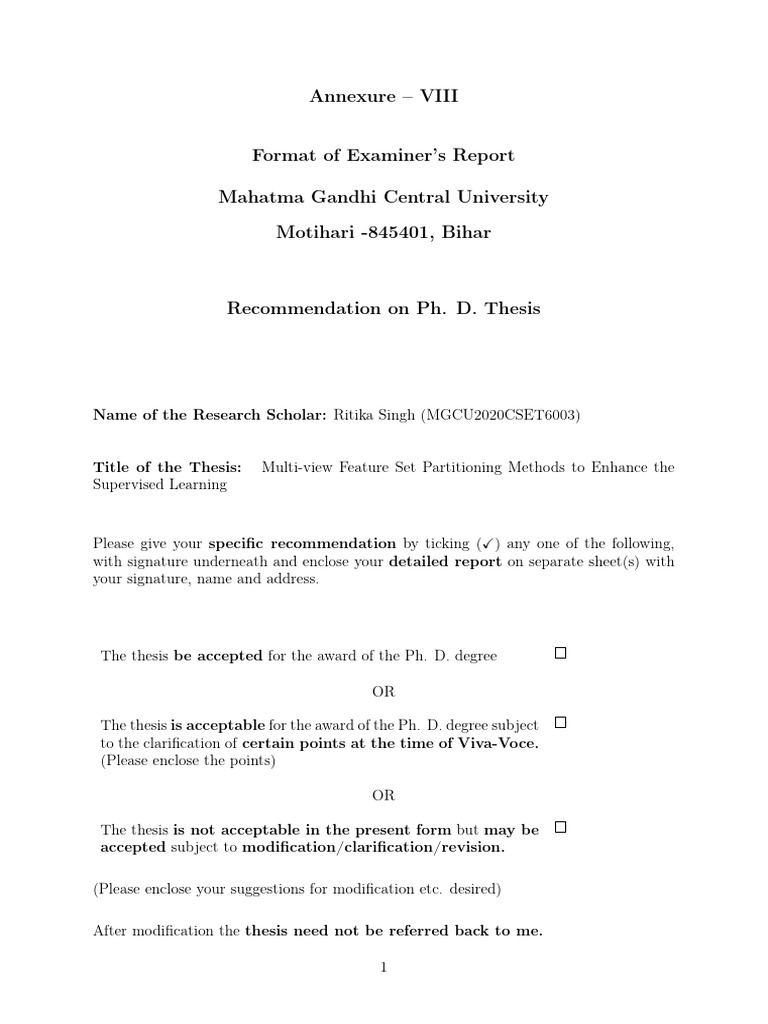 PhD Thesis Examiner's Report Format | PDF