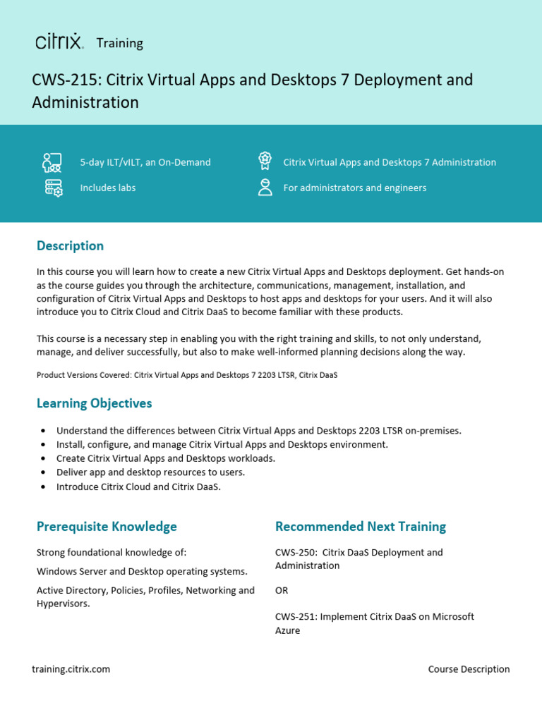 CWS-215 Citrix Virtual Apps and Desktops 7 Deployment and Administrator | PDF | Citrix Systems ...