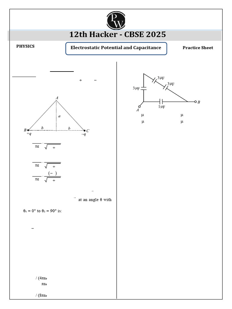 Electrostatic Potential and Capacitance - Practice Sheet 12t | PDF | Capacitance | Capacitor