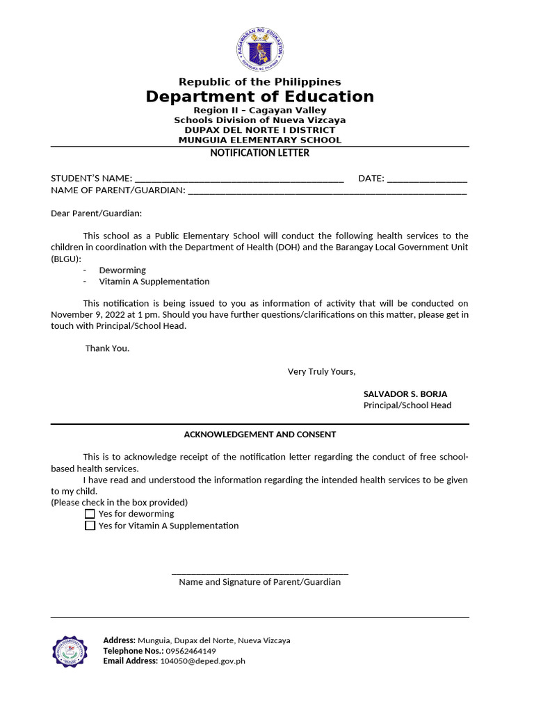 Munguia ES Parent Consent For Deworming Vit A Supplementation | PDF