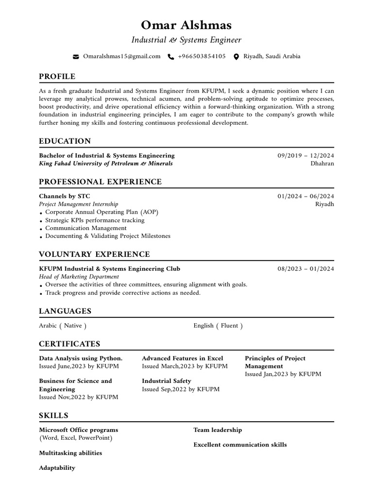 Industrial Engineer Resume - Omar Alshmas | PDF