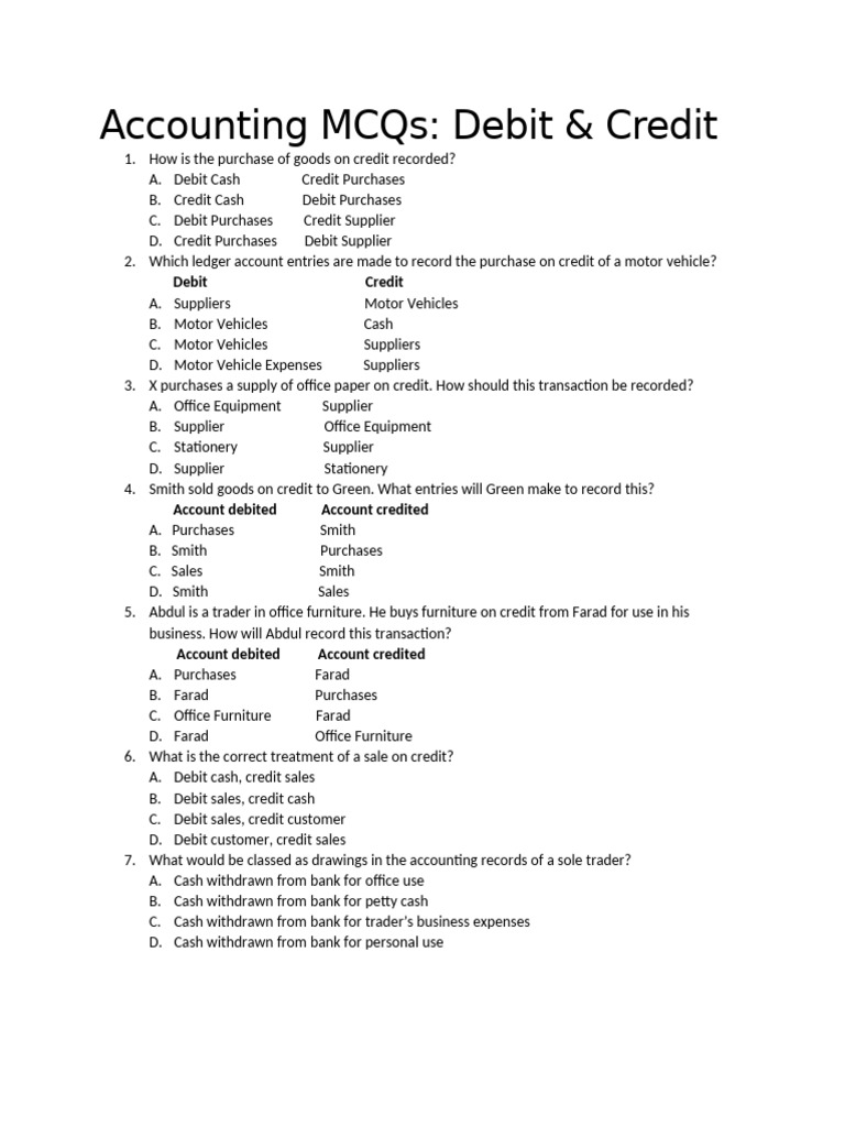 Accounting MCQs (Debit & Credit) | PDF | Debits And Credits | Bookkeeping