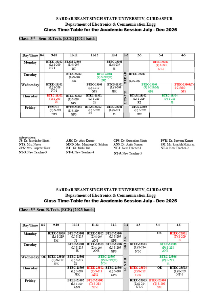 ECE B.Tech Class Timetable 2025 | PDF
