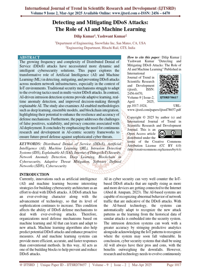 Detecting and Mitigating DDoS Attacks The Role of AI and Machine Learning | PDF | Artificial ...