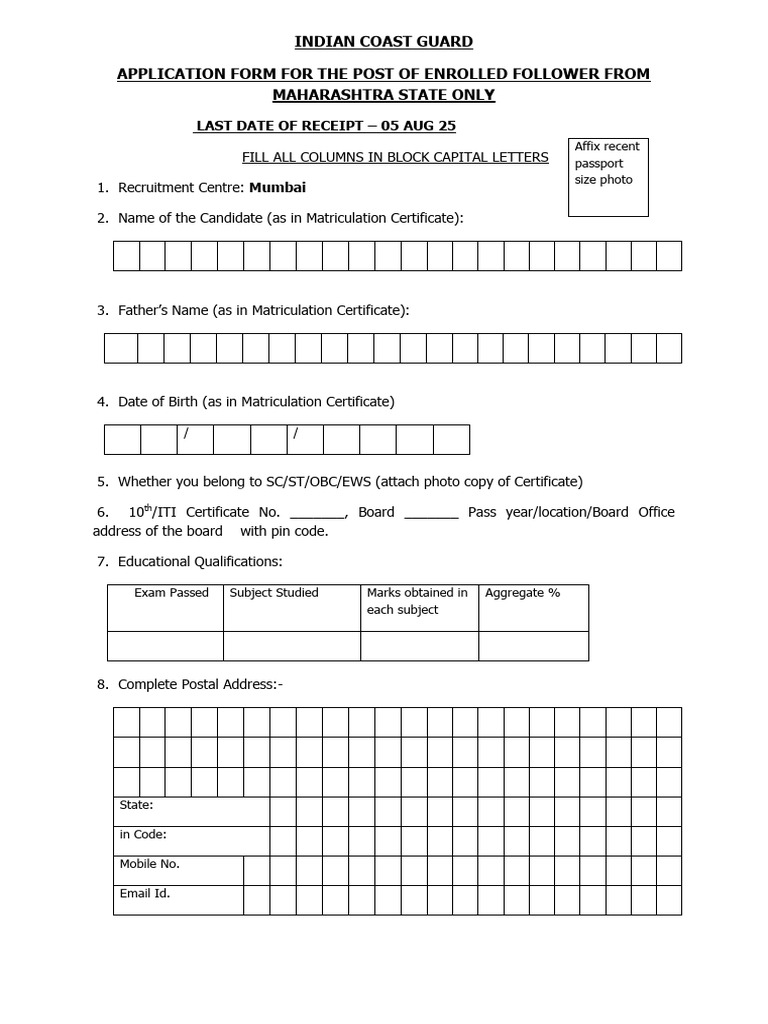 Indian Coast Guard Application 2025 | PDF