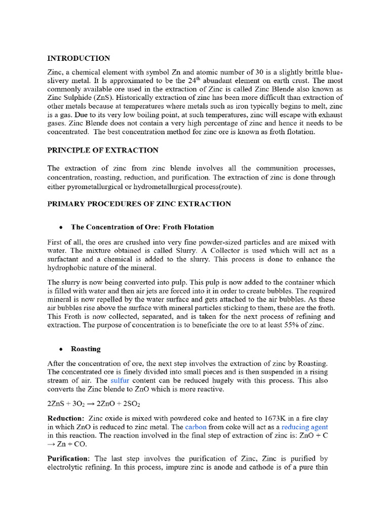 Zinc Extraction - Processes, Methods & Purification | PDF
