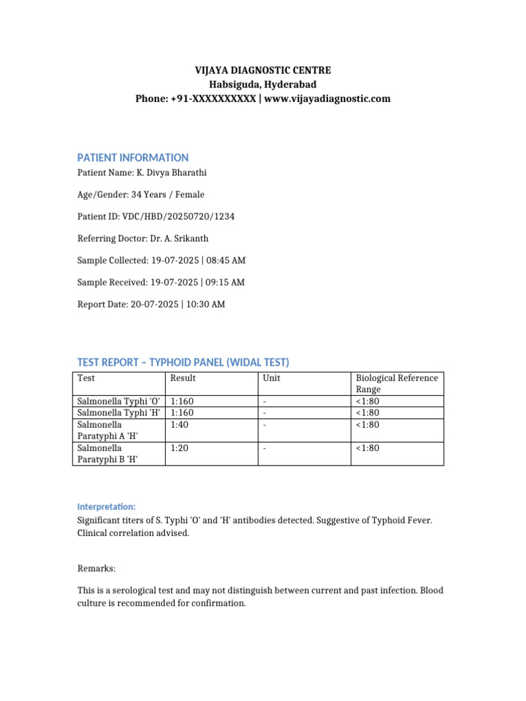 Typhoid Fever Test Report for K. Divya | PDF