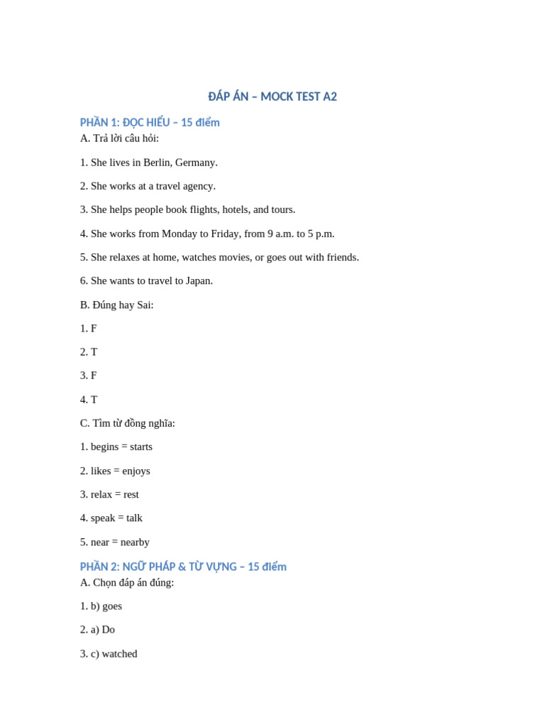 Dap An Mock Test A2 | PDF