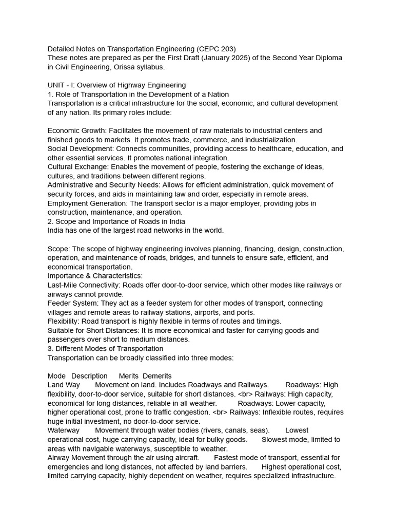 Transportation Engineering Notes CEPC 203 | PDF | Road Surface | Road