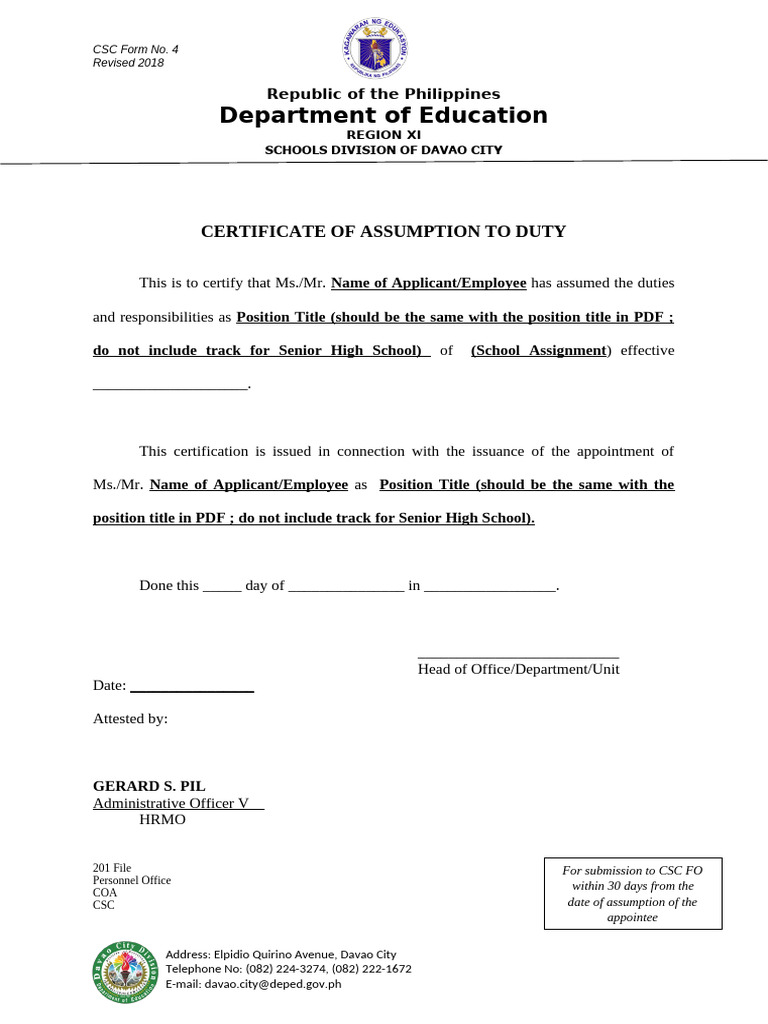 Certificate of Assumption to Duty | PDF