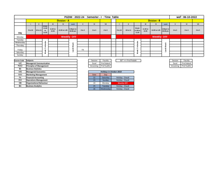 Sem 1 Time Table Wef 6 OCT | PDF