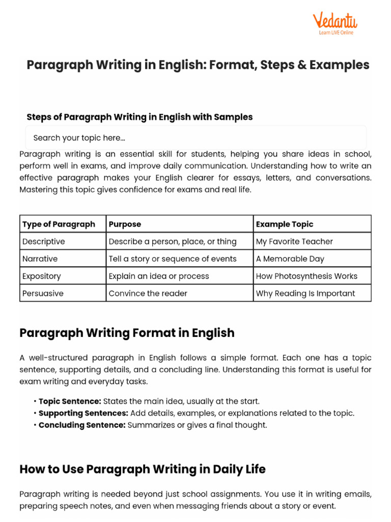 Paragraph Writing in English - Format, Steps & Examples | PDF