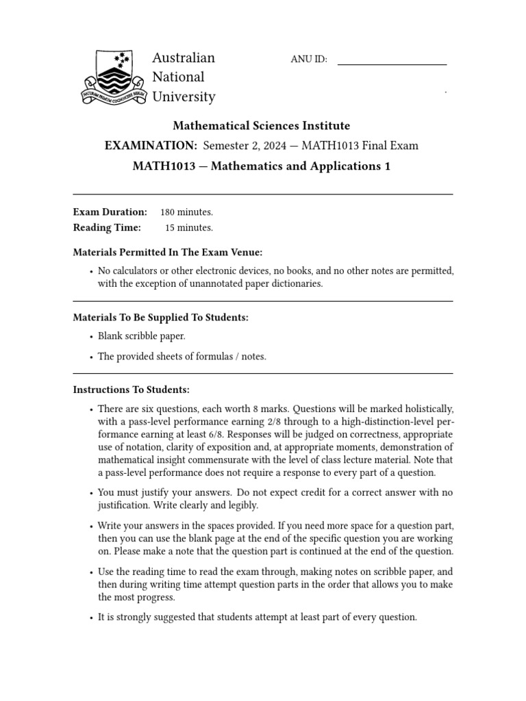 MATH1013 2025S1 SampleExam3 | PDF | Mathematics | Algebra