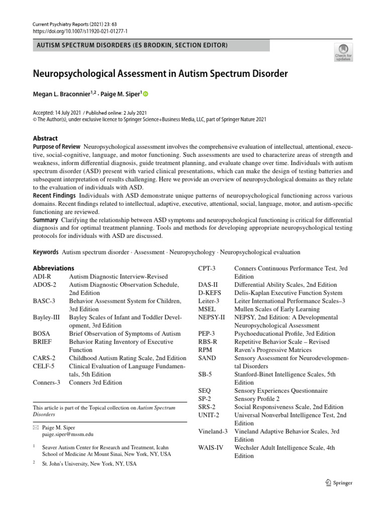 Neuropsychological Assessment in Autism SD 2021 | PDF | Wechsler Adult ...