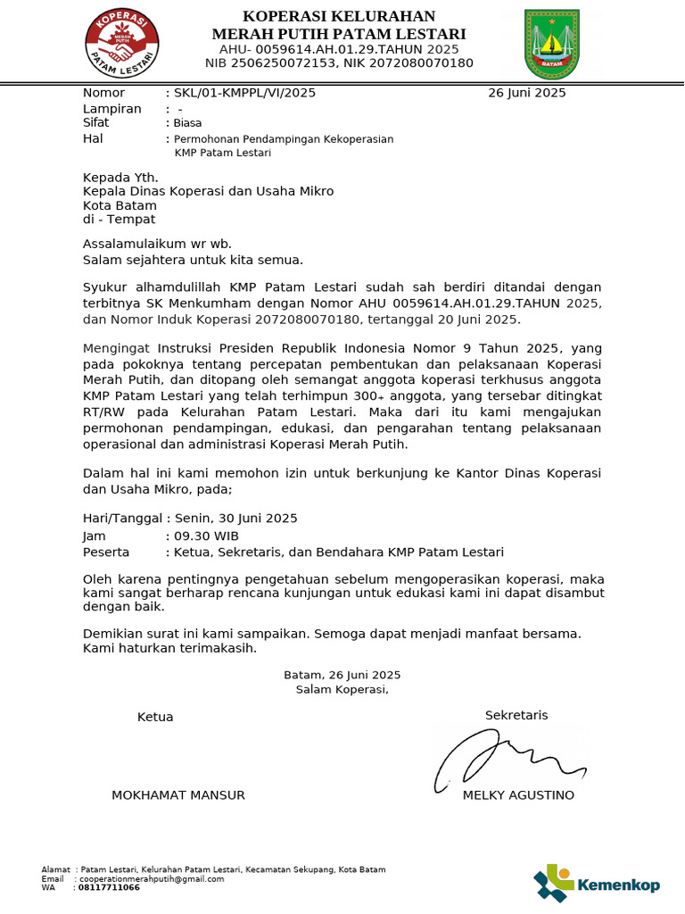 Surat Kunjungan KMP Patam Lestari Ke Dinas Koperasi | PDF