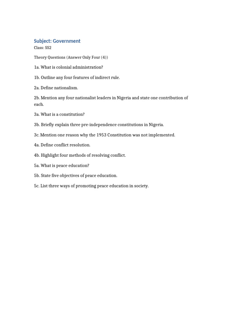 Government SS2 Theory Questions | PDF