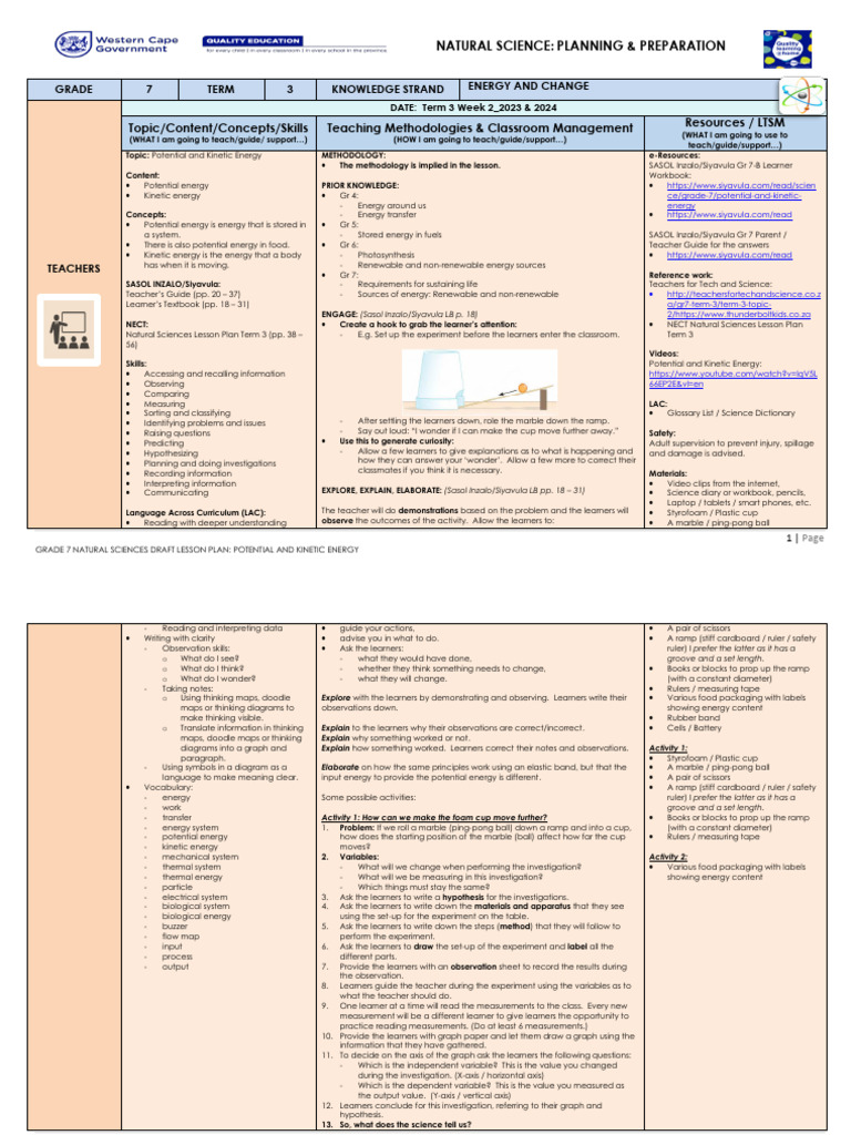 Lesson Plan GET SP Grade 7 Natural Sciences T3 W2 | PDF | Potential Energy