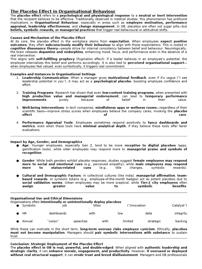 The Placebo Effect in Organisational Behaviour | PDF | Placebo | Psychology