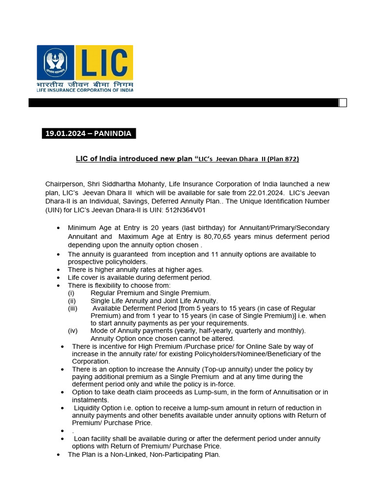 LIC Launches Jeevan Dhara II Plan 872 | PDF | Life Annuity | Insurance