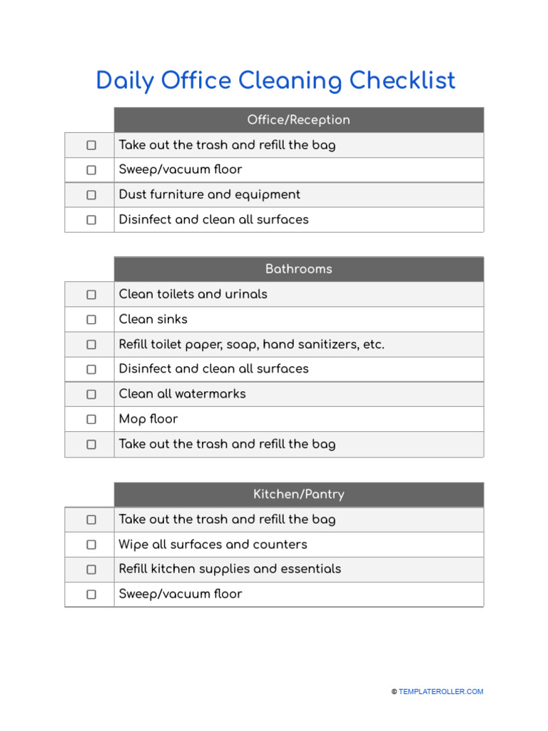 Main Daily Office Cleaning Checklist Template | PDF