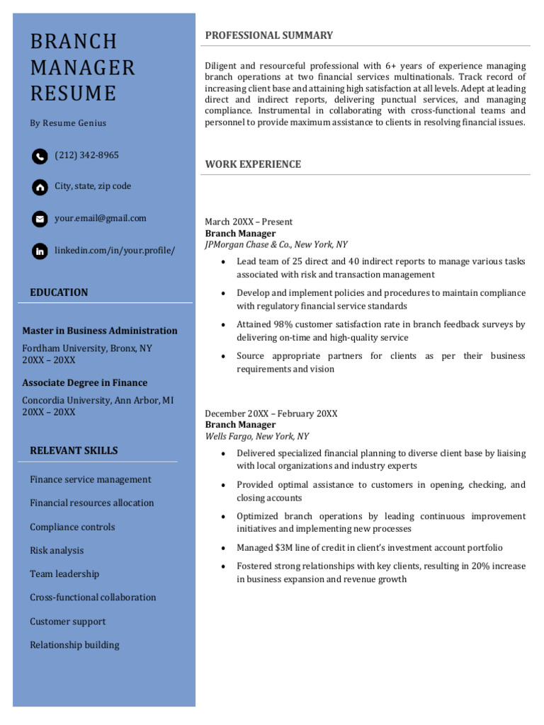 Branch Manager Resume Example | PDF | Regulatory Compliance | Economies