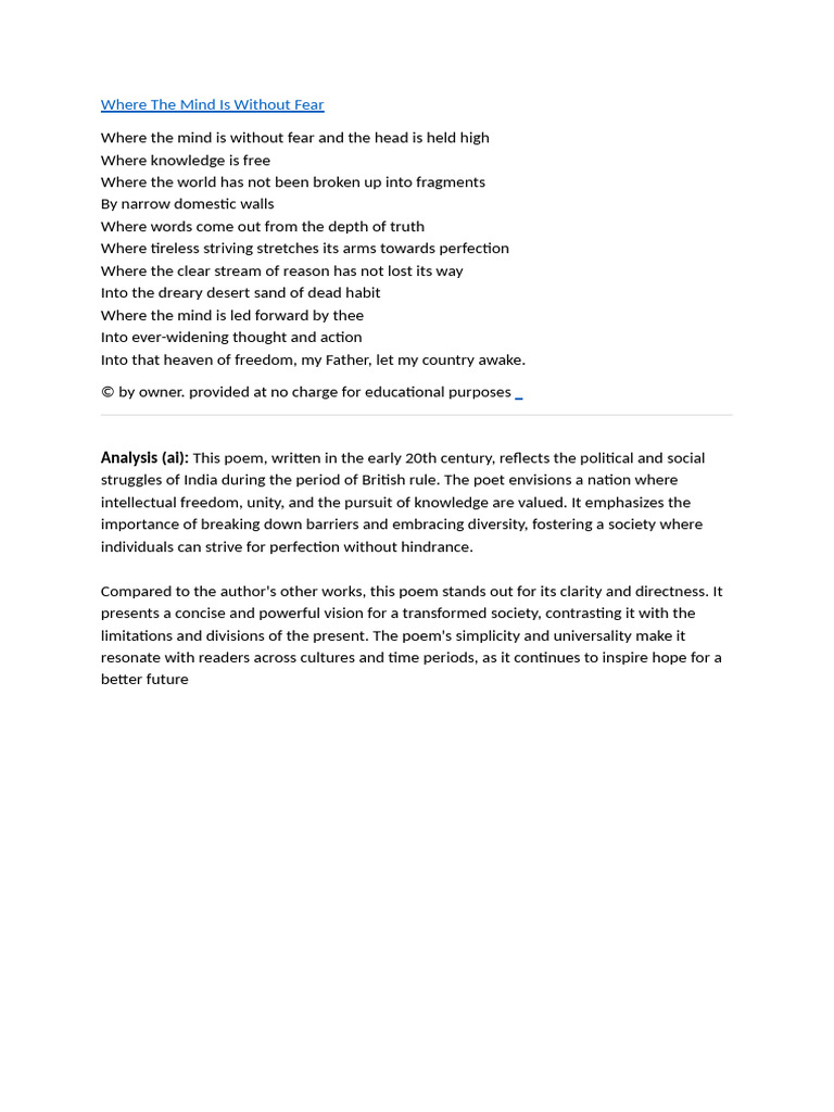 Where The Mind Is Without Fear | PDF