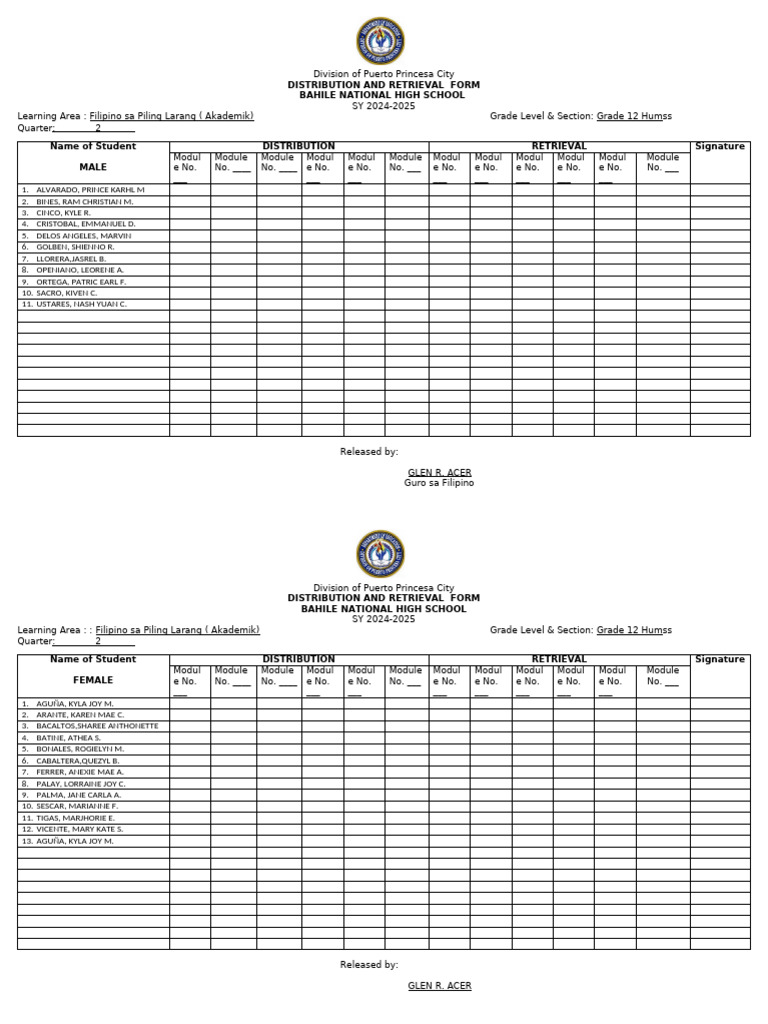 Distribution Form for Bahile High School | PDF