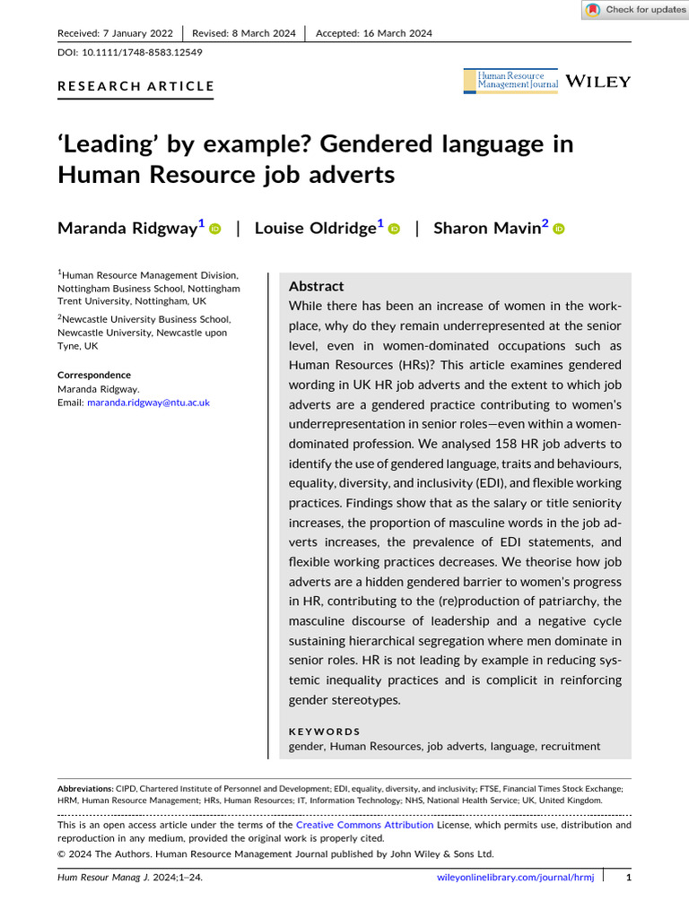 2024 - Ridgway - Leading by Example Gendered Language in Human Resource ...