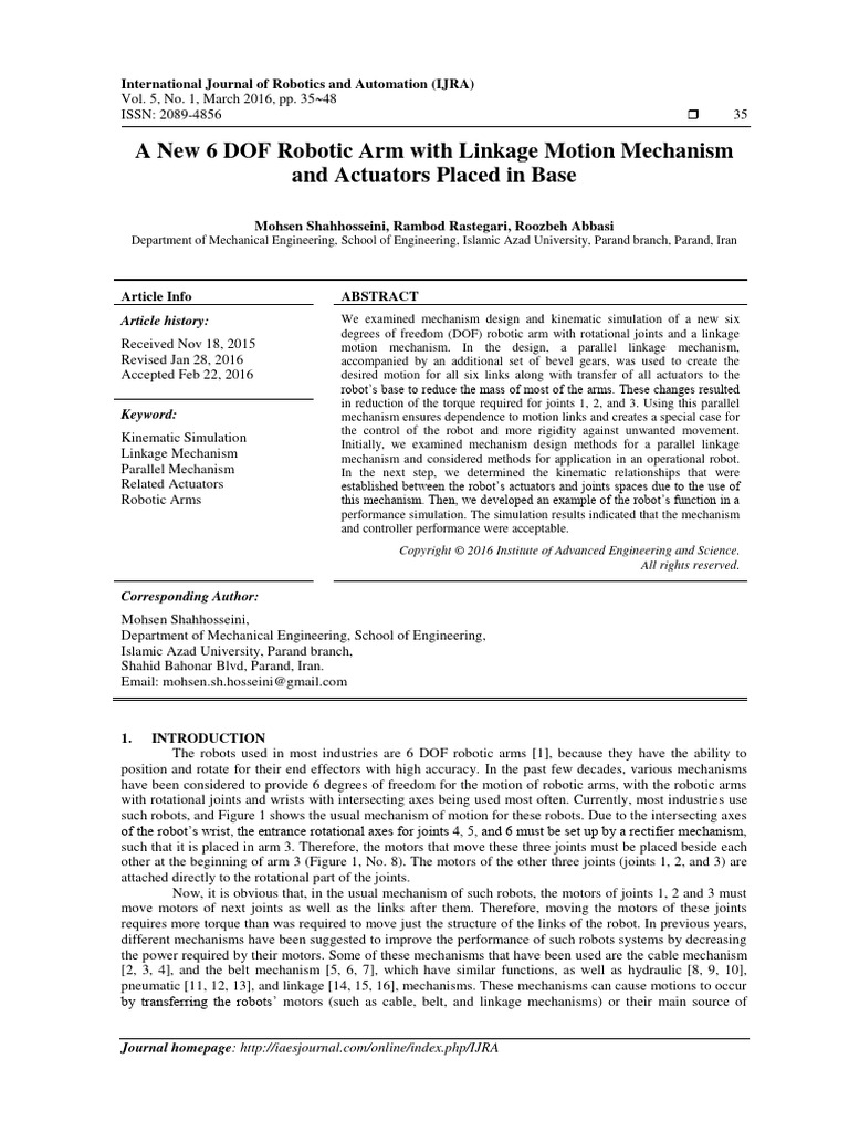A New 6 DOF Robotic Arm With Linkage Motion Mechanism and Actuators ...