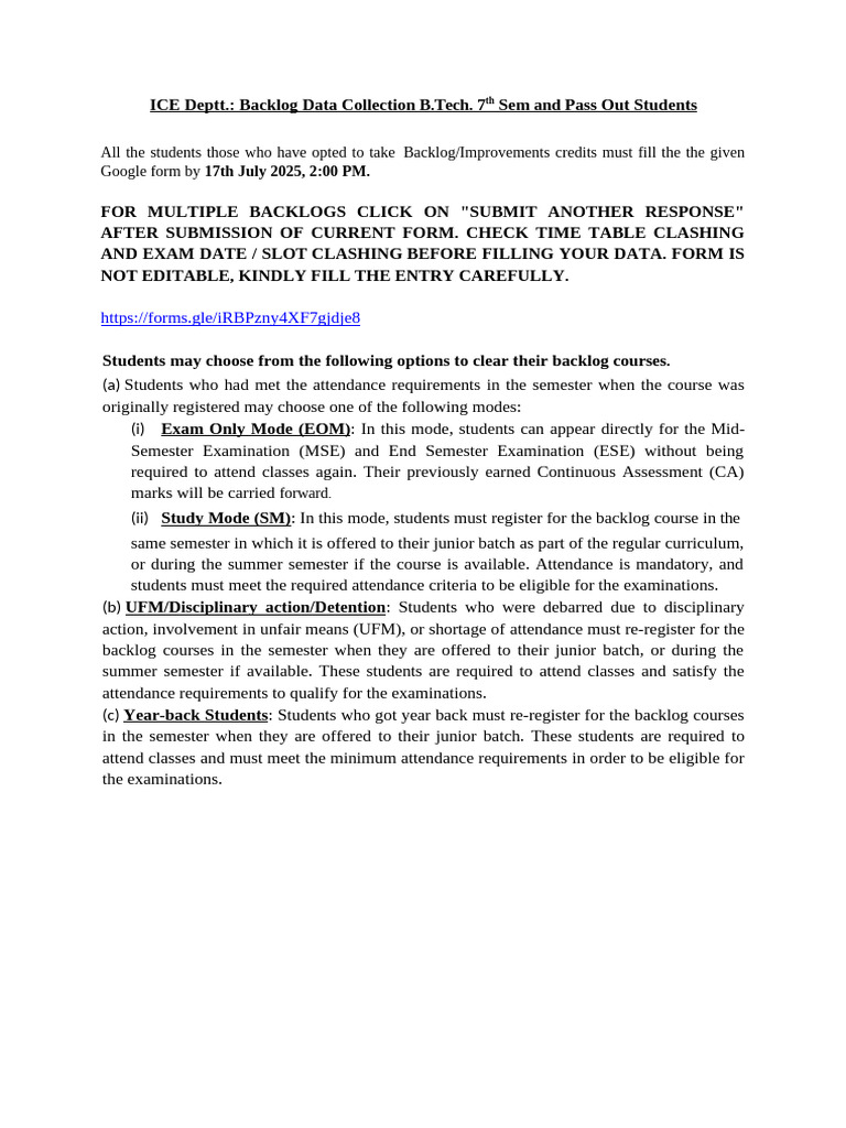 7th Sem Backlog Notice | PDF