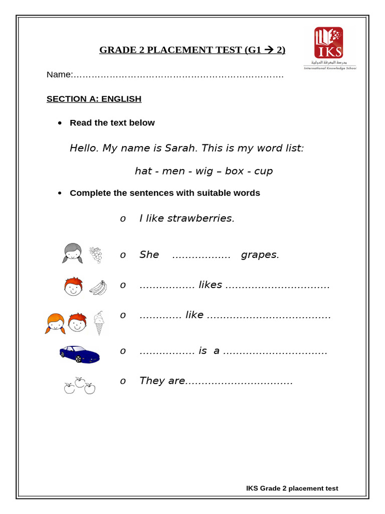 Grade 2 Placement Test Overview | PDF