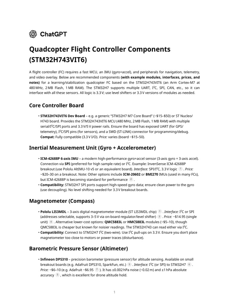 Quadcopter Flight Controller Components (STM32H743VIT6) | PDF ...