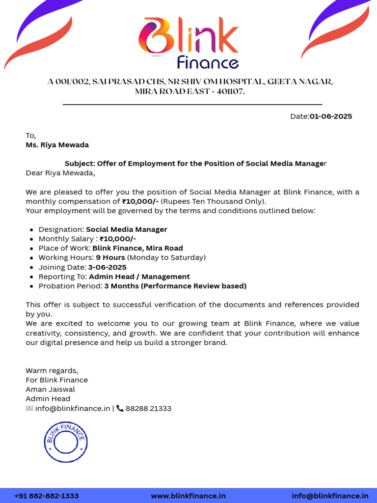 Riya Offer Letter | PDF