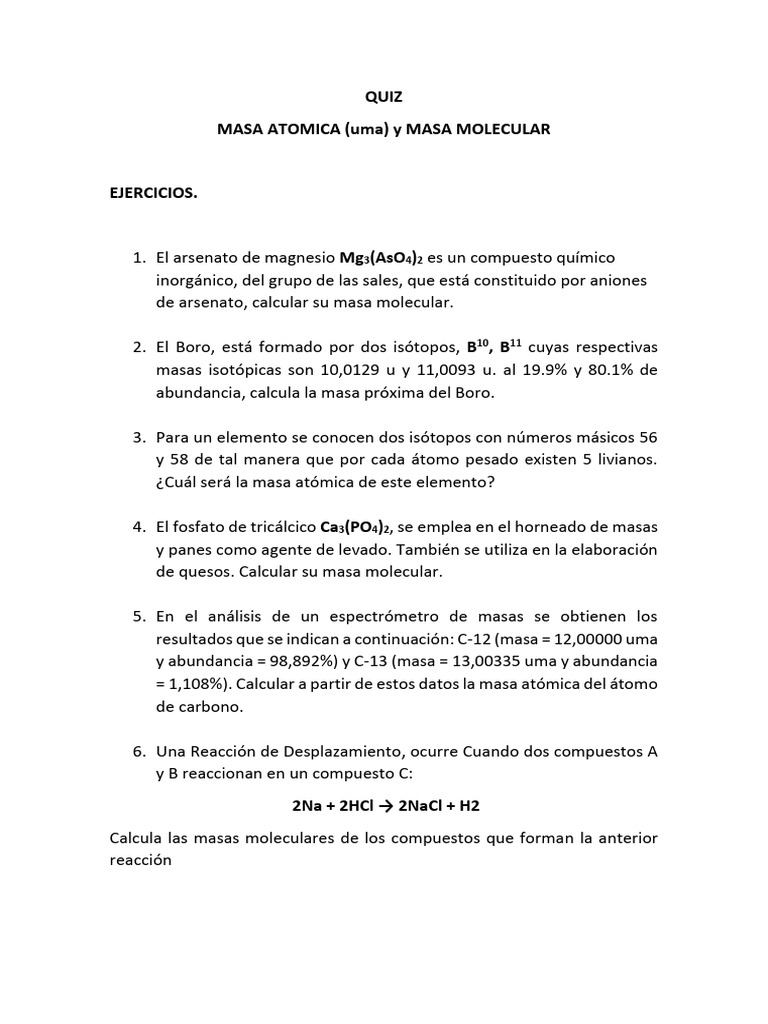 QUIZ Masa Atomica y Molecular | PDF