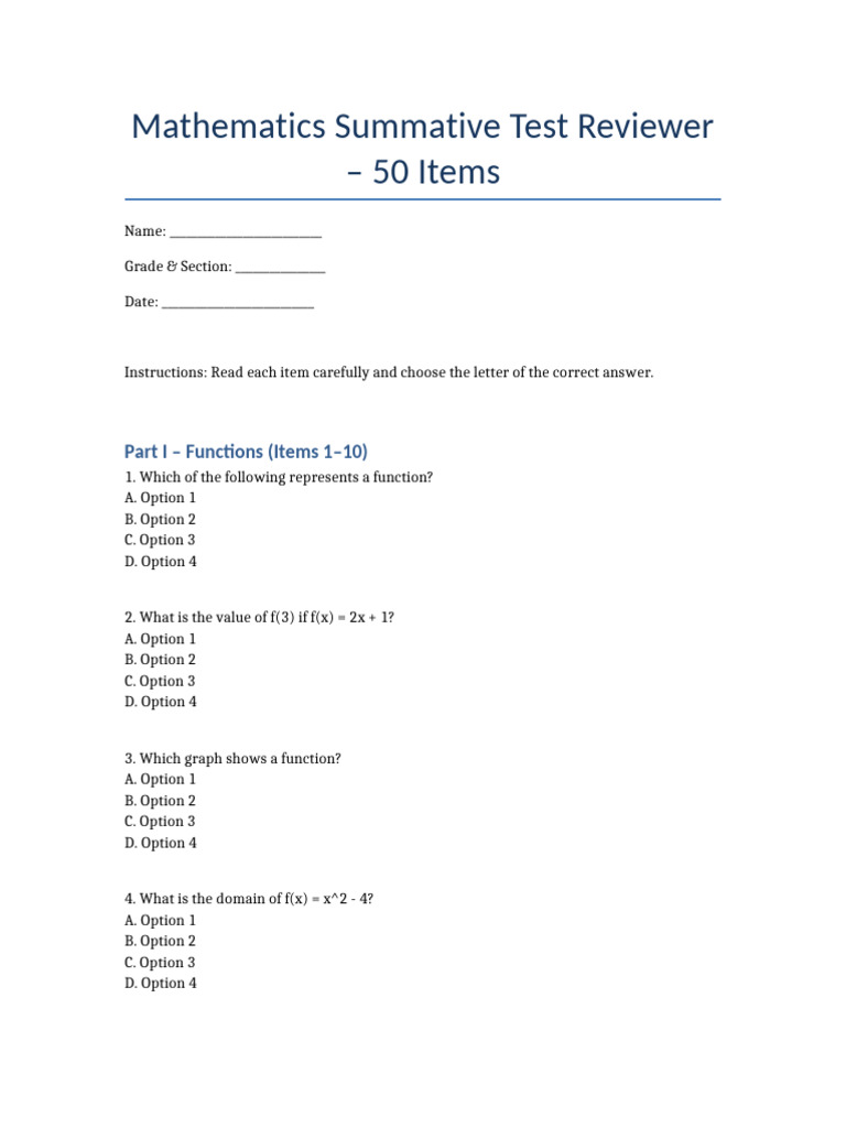 Math Summative Reviewer 50 Items | PDF | Elementary Mathematics | Mathematics