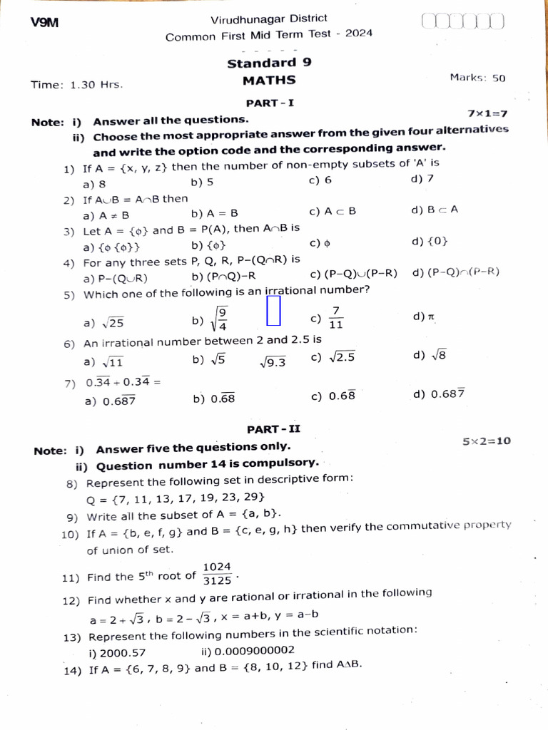 Class 9 Maths Mid Term Test 2024 | PDF | Mathematical Notation ...