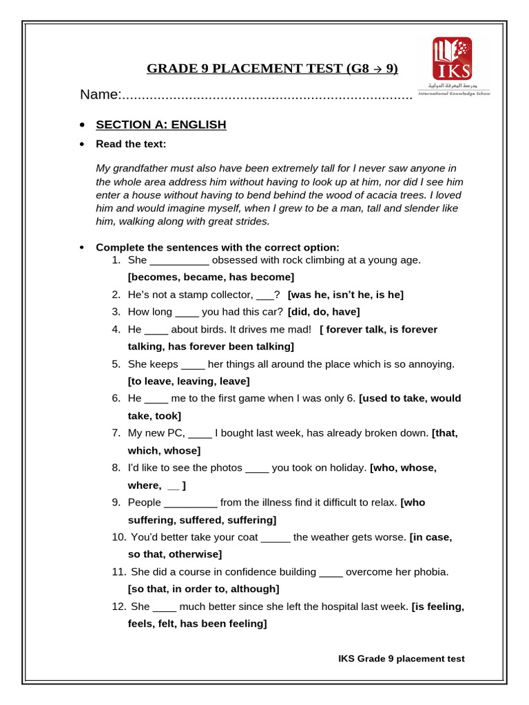Grade 9 Placement Test | PDF