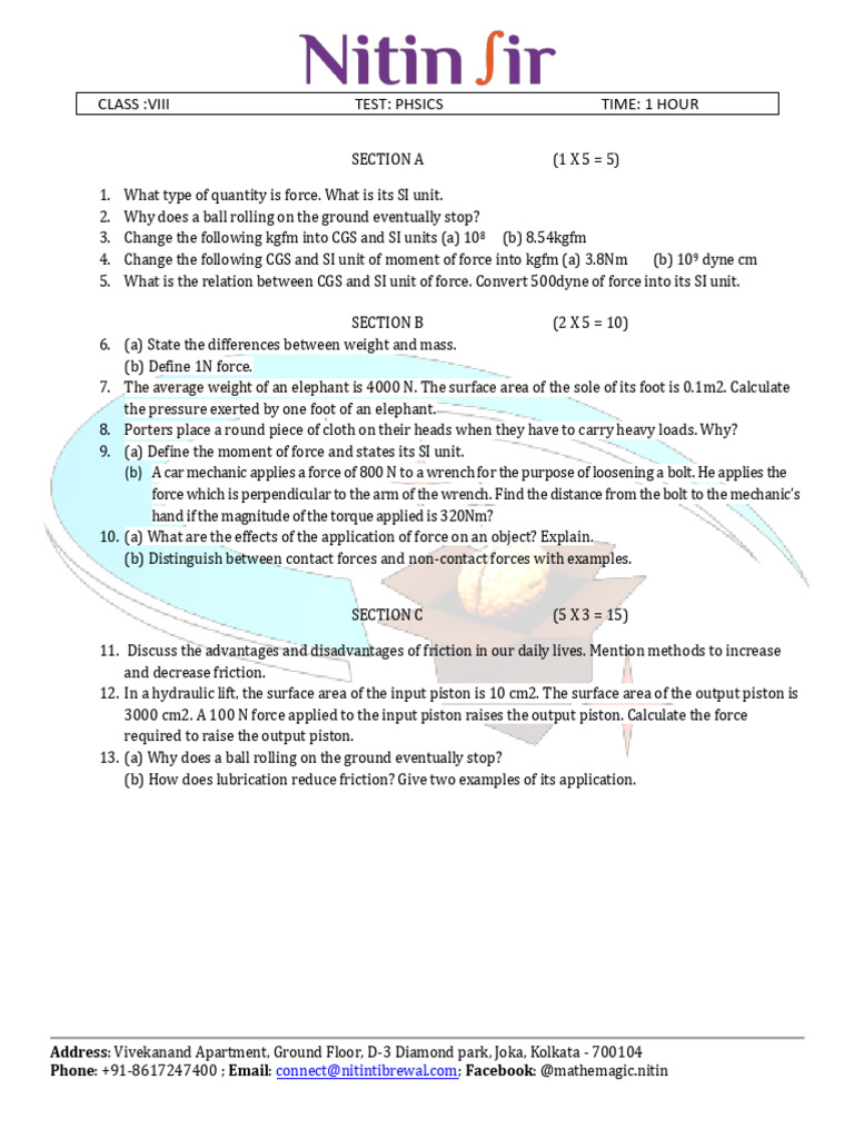 2025 8th Class Physics SA1 Question Paper | PDF