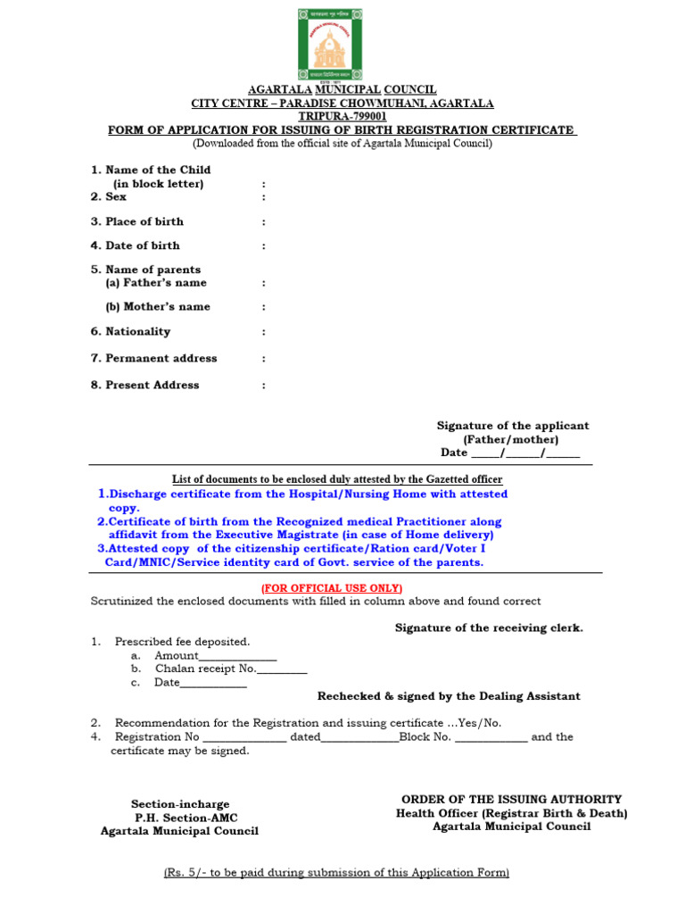 Birth Registration Application - Agartala | PDF